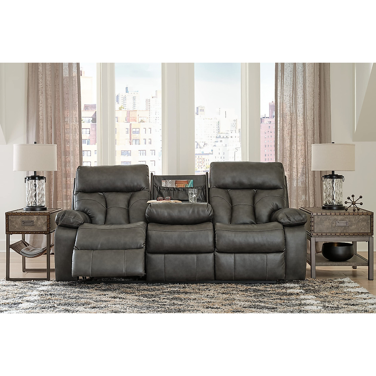 Signature Design by Ashley Willamen Modern Tufted Faux Leather Reclining Sofa with a Drop Down Table, Dark Gray