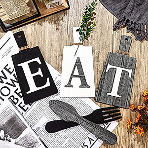 Jetec Cutting Board Eat Sign Set Hanging Art Kitchen Eat Sign Fork and Spoon Wall Decor Rustic Primitive Country Farmhouse Kitchen Decor for Kitchen and Home Decoration (Black, White, Gray)