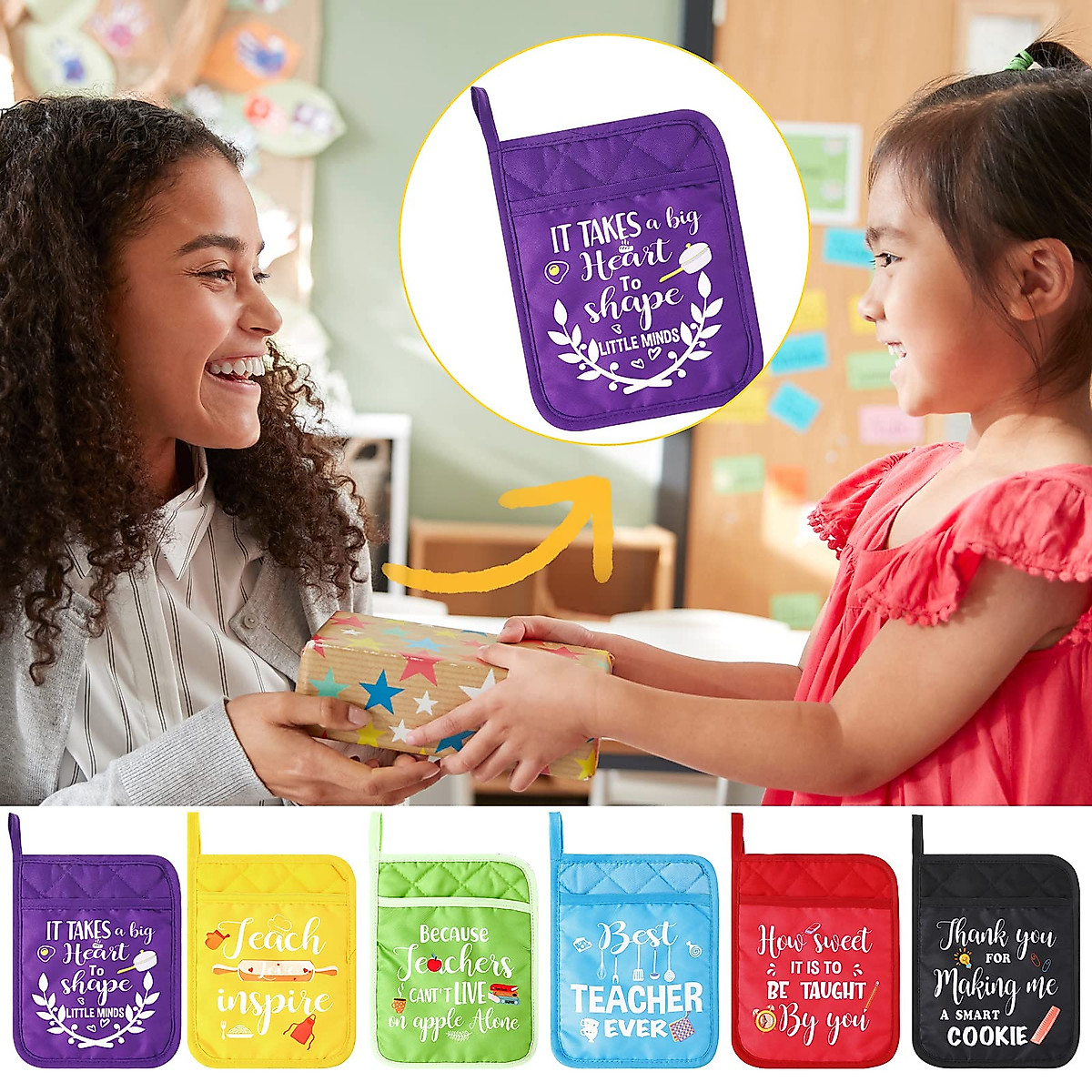 WILLBOND 12 Pieces Teacher Appreciation Gifts Teacher Pot Holders with Pocket Funny Pot Holders for Kitchen Heat Resistant Oven Mitts Hot Pads for Baking Cooking