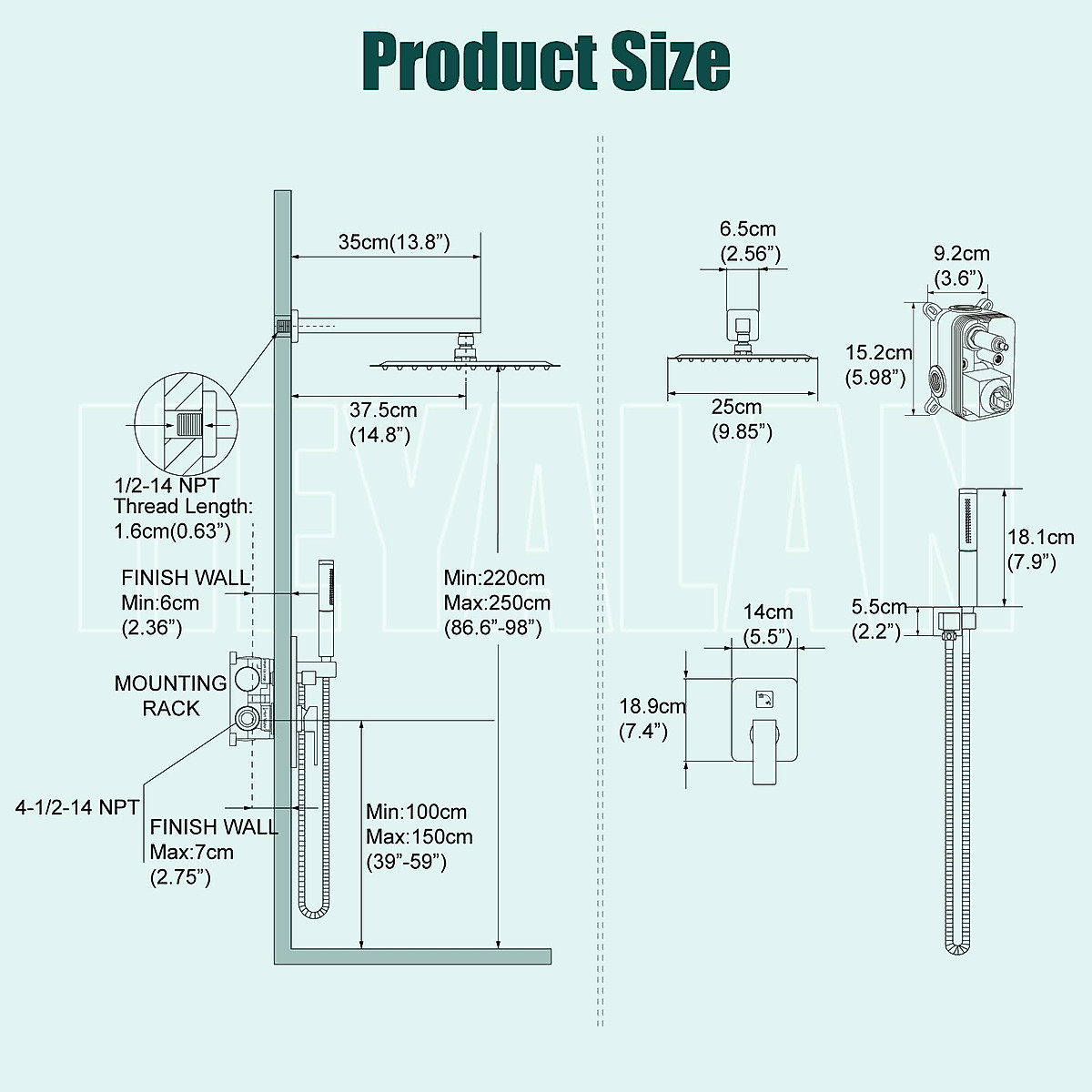 Heyalan Shower System Square Rain Shower System Head Shower Faucet Fixture 2 in 1 Handheld Shower Sprayer Rough in Valve Wall Mount Bathroom Rainfall Combo Set High Pressure,10 Inch,Polished Chrome