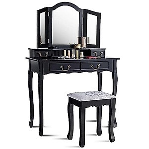 KJNS Vanity Set Makeup Dressing Table Tri Folding Mirror Stool 4 Drawers Black Vanity Desk Makeup Vanity Side Tables Bedroom Vanity Table Portable Desk Vanity Set