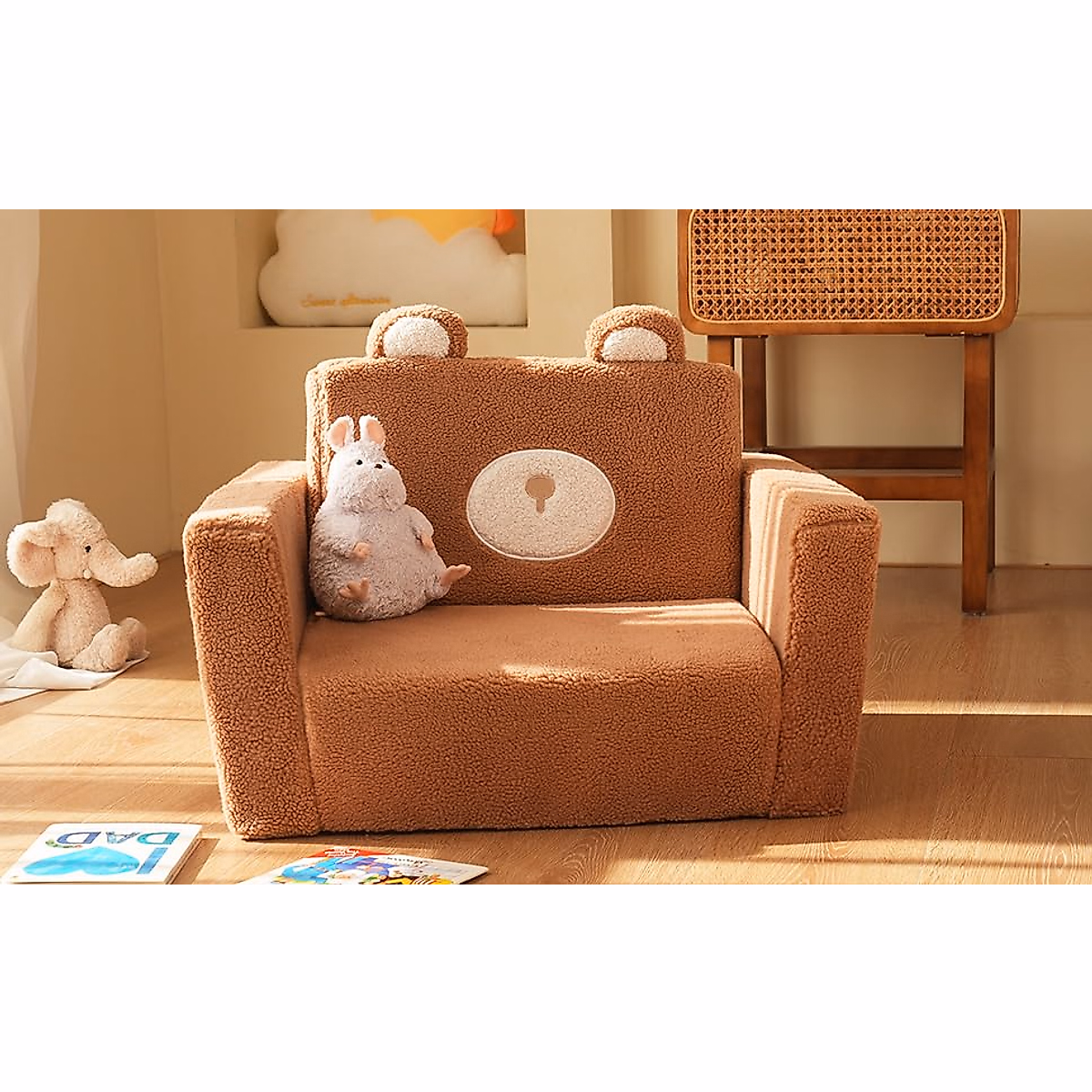 LonSEA Furniture, Teddy Bear, Baby Chair for Toddler, Toddler Bed, Convertible Sofa to Lounger - Comfy 2-in-1 Flip Open Couch/Sleeper for Kids, Toddler Cot, Light Brown