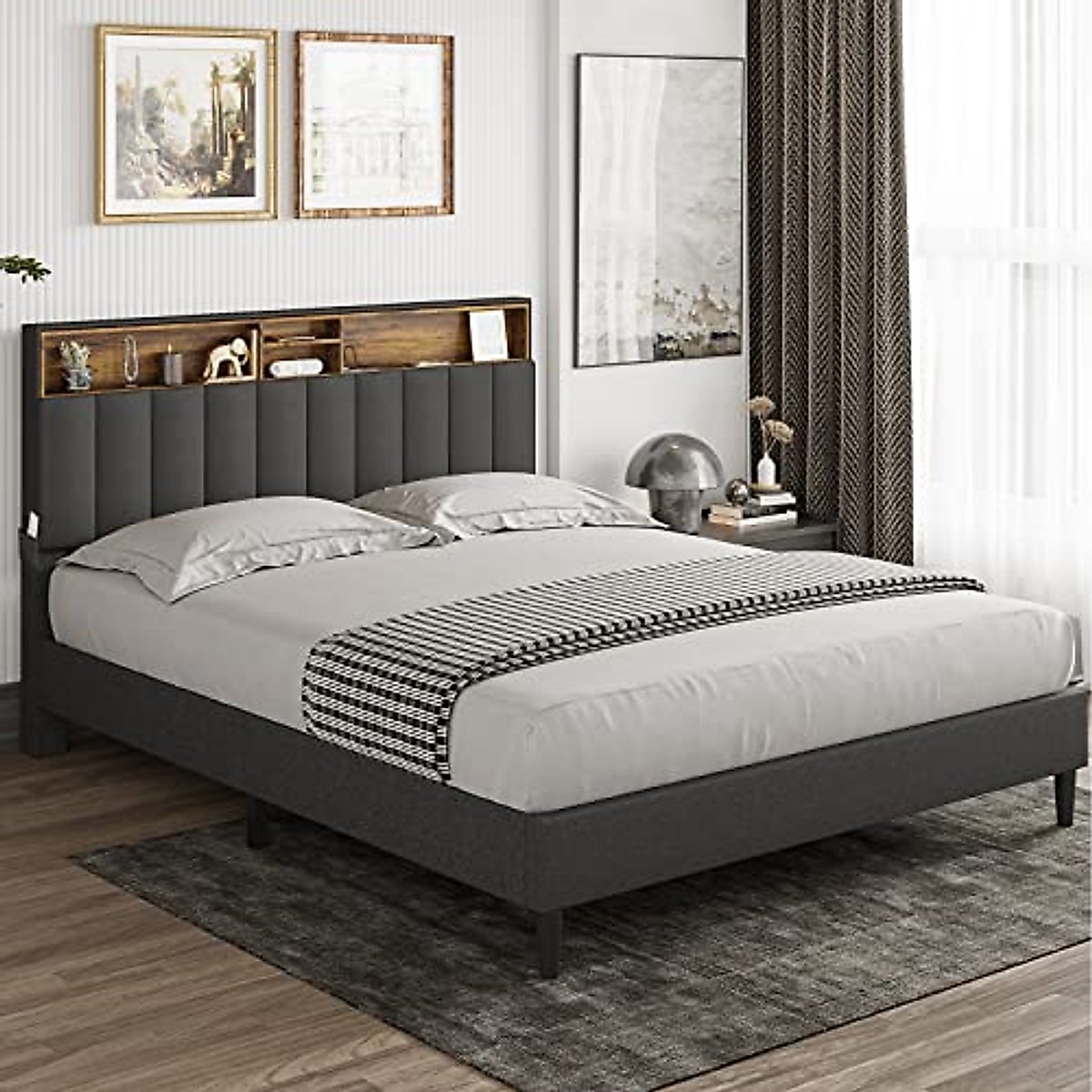 Tiptiper Full Size Bed Frame with Outlets, Platform Bed Frame with Storage Headboard and Height Adjustable, Fabric Upholstered Bed with Wooden Slat Support, No Box Spring Needed, Dark Grey