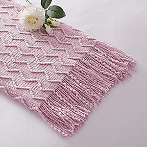 NexHome Throw Blankets for Couch Purple Pink Decorative Knit Blanket with Tassel Fringe Soft Lightweight Zigzag Textured Boho Throws (50"x60" Light Lilac)