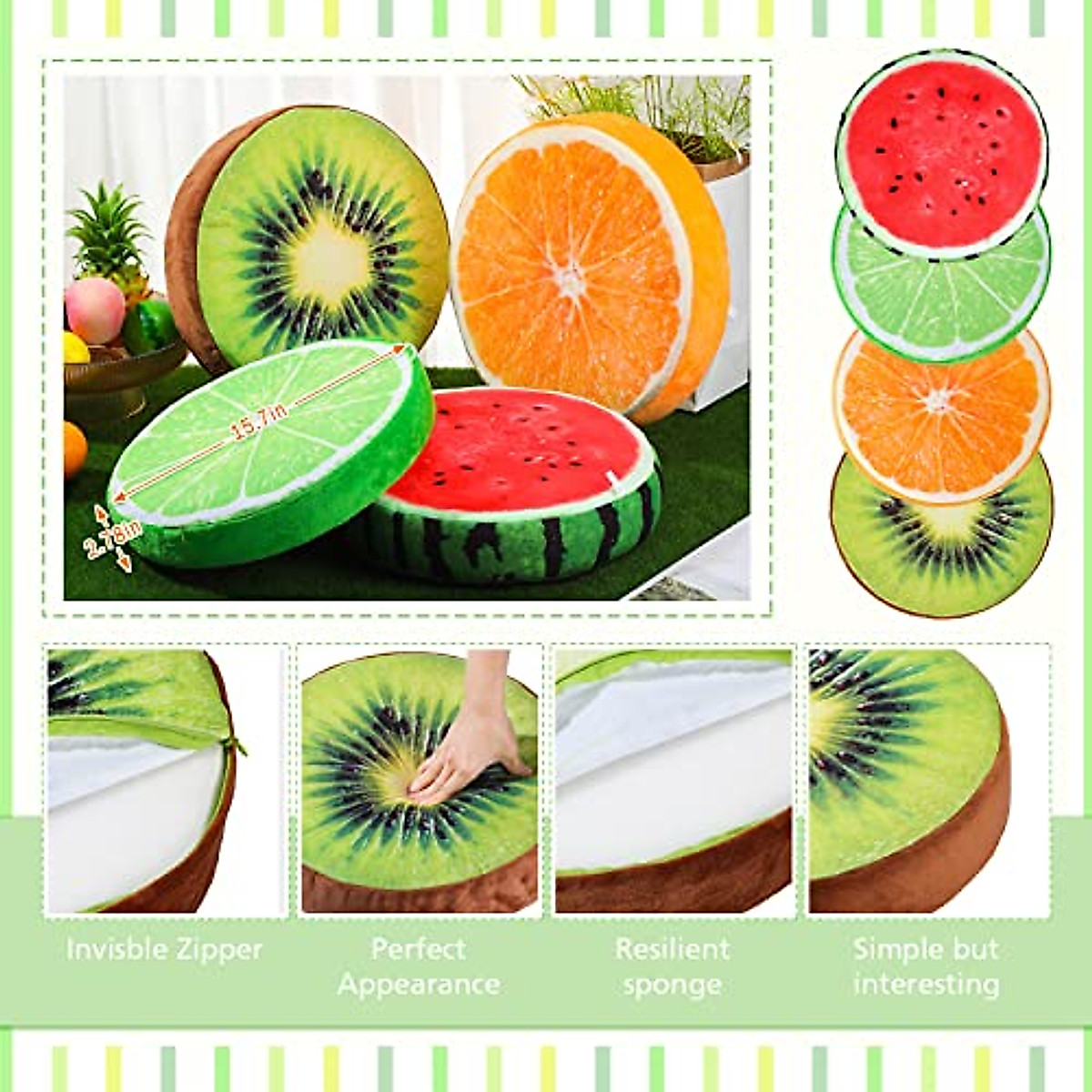 Coume 4 Pcs 15.7 Inch Round Fruit Pillows Stuffed Throw Pillows 3D Watermelon Kiwi Lemon Orange Decorative Floor Cushions Chair Toy Seat Floor Seat Cushions for Kids Couch Sofa Classroom