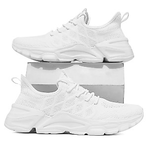 Mens Walking Shoes Lightweight Comfort Running Casual Mesh Sneakers Work Gym Non Slip Tennis Cross Trainers White
