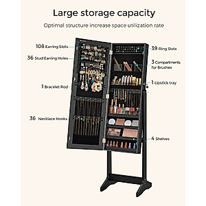 SONGMICS Jewelry Cabinet Armoire, Freestanding Lockable Storage Organizer Unit with 2 Plastic Cosmetic Storage, Full-Length Frameless Mirror, for Necklace Earring, Black UJJC002B01