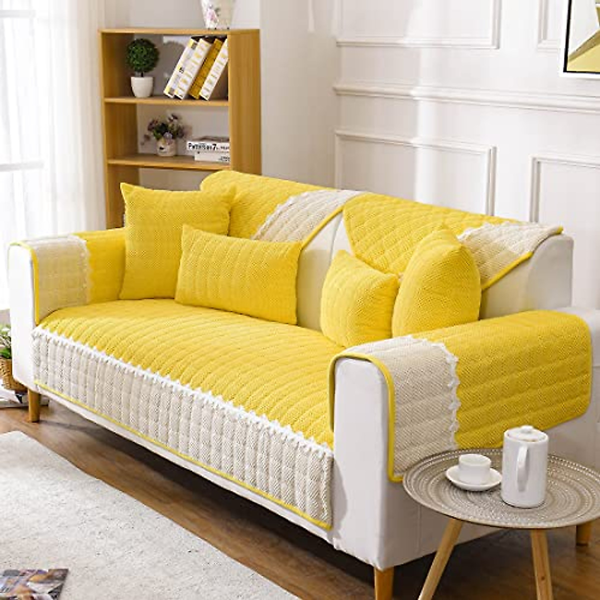 vctops Soft Corduroy Sofa Couch Cover, Plaid Sectional Couch Covers, Non-Slip Sofa Slipcover for Dogs Cats Kids(Yellow,43"x94")