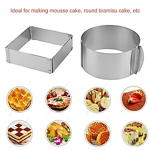 MOTZU 2 Pieces Cake Mold, Stainless Steel Mousse Cake Rings, Adjustable Mould, Cake Baking Cake Decor Mold Ring, Cake Collar, Chocolate and Cake Decorating Roll(Square + Round), 6-12 Inch