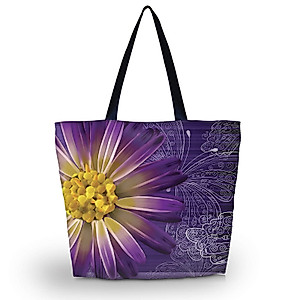 icolor Reusable Gym Tote Bags Shopping Shoulder Bag Beach Bag with Zipper for Men Women - Lightweight & Economic Friendly Picnic Travel Beach Shopping Work Daily Use Shoppers Tote (Daisy Flower)