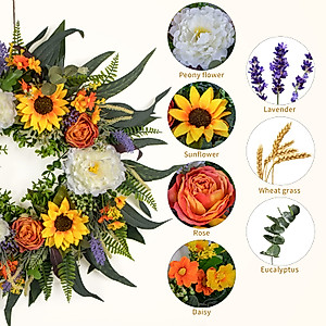 Kmise Spring Wreath Fall Decor Wreath for Front Door-24 Inch Summer Peony Eucalyptus Wreaths for Front Porch Farmhouse Home Decor