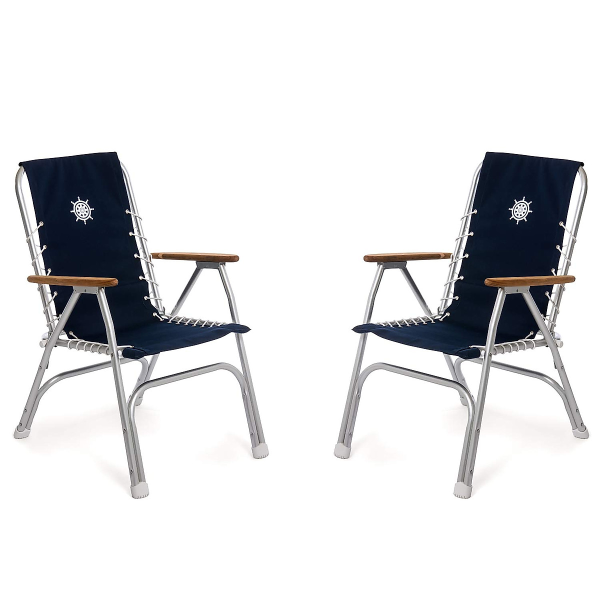 FORMA MARINE Boat Chairs High Back Navy Blue Deck Folding Marine Aluminum Teak Furniture Set of 2 M150NB