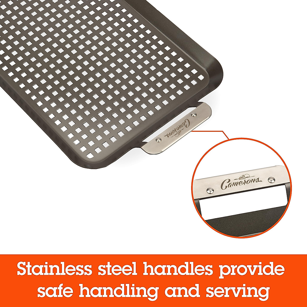 Camerons BBQ Grill Topper Grilling Pans (Set of 2 - Non-Stick Barbecue Trays w Stainless Steel Handles - Indoor Outdoor use for Barbecue & Smoked Meat, Vegetables & Seafood - Grill Accessory Gift Pack