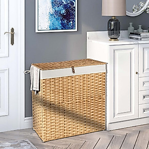 Greenstell Laundry Hamper with lid, No Install Needed, 110L Wicker Laundry Baskets Foldable 2 Removable Liner Bags, 2 Section Clothes Hamper Handwoven Rattan Laundry Basket with Handles, Natural