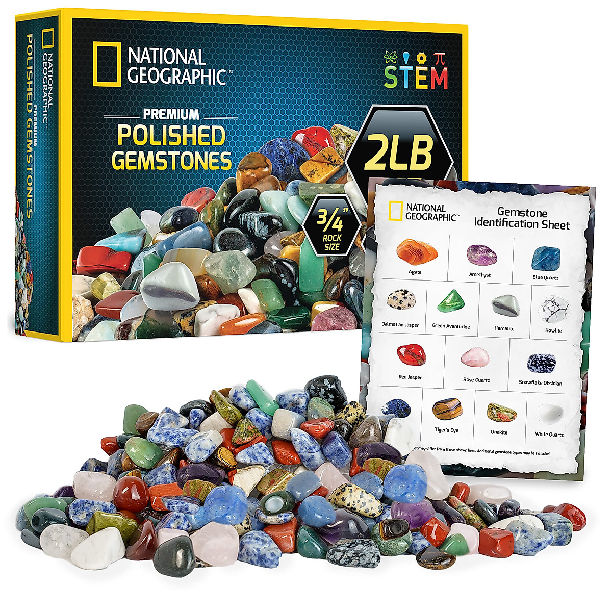 NATIONAL GEOGRAPHIC Premium Polished Stones - 2 Pounds of 3/4-Inch Tumbled Stones and Crystals Bulk, 4500+ Carats, Gemstones for Kids, Rock and Mineral Kit, STEM Toys