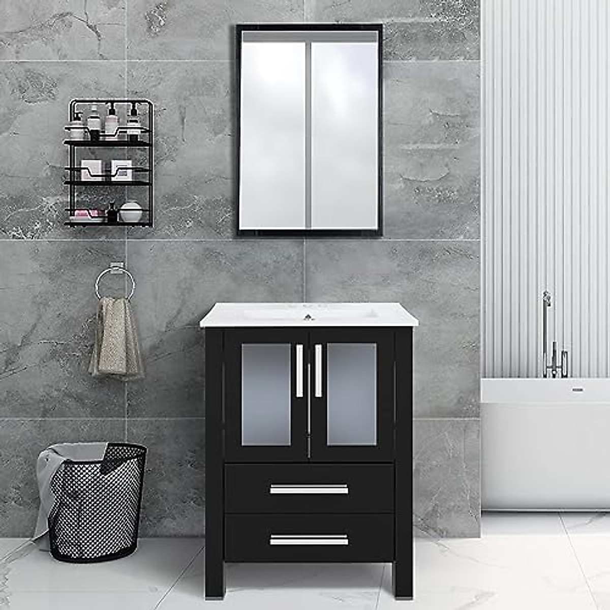 LUCKWIND 24" Modern Bathroom Vanity with Sink Combo, Black MDF Bathroom Storage Cabinet with Overflow 3-Hole Drop in Ceramic Vessel Sink Top & Mirror, Excluding Faucet