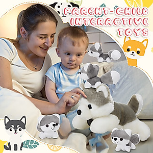 HyDren Christmas Husky Stuffed Animals with 4 Baby Huskies Cute Dog Plush Set Kawaii Husky Soft Pillow Dolls for Girls Birthday Wedding Anniversary Presents Home Sofa Decor, 11 Inch, 4 Inch