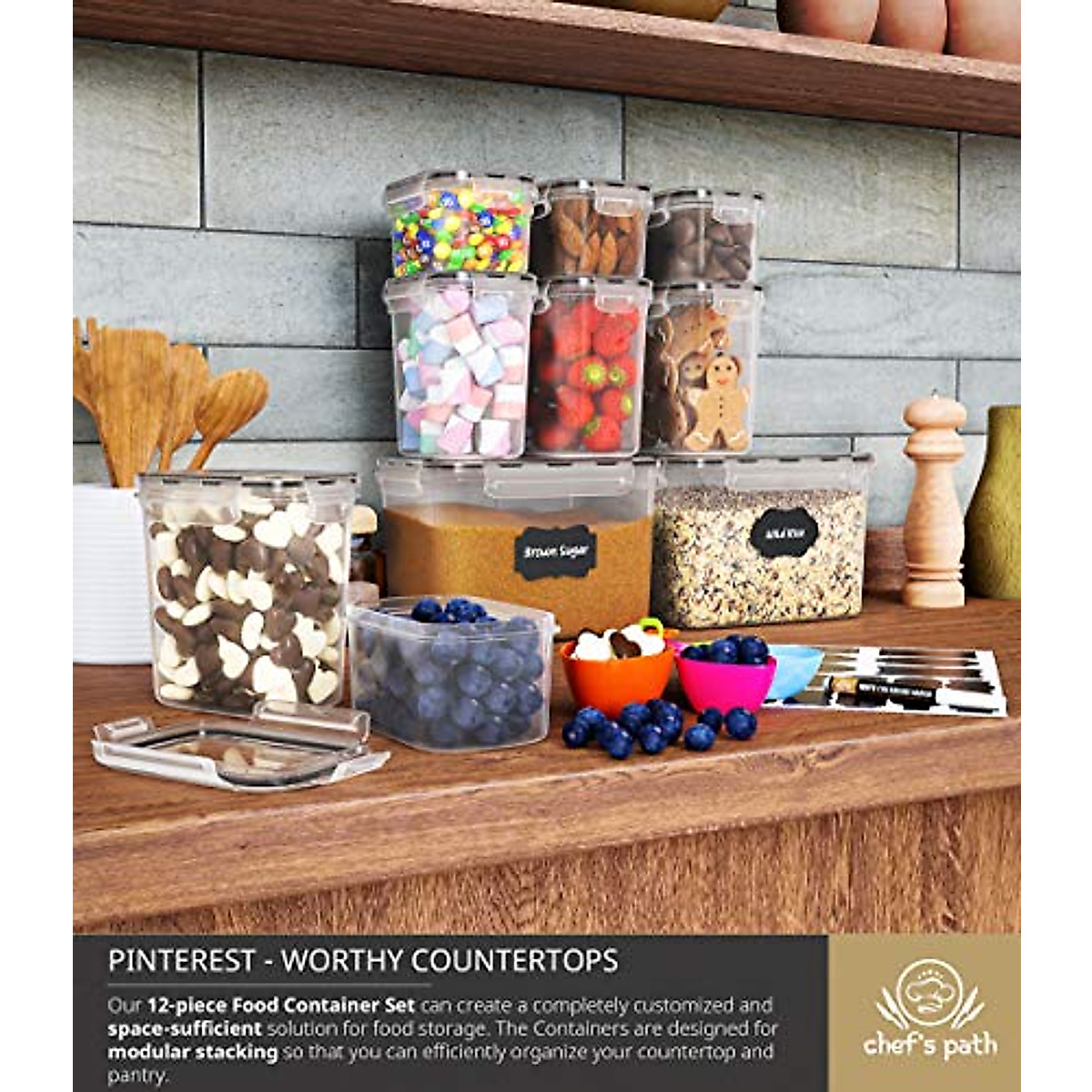 Chef's Path Airtight Food Storage Containers for Pantry Organization and Storage (12 PC Set) - BPA Free Baking Storage Containers Set- Kitchen Bulk Food Canisters for Sugar, Flour & Baking Supplies