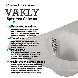 Graduated Specimen Collector Pans [Pack of 5] Toilet Nursing Hat for Urine, Vomit & Stool Collection Fits Over Toilets and Commodes - 30 oz for Women and Elderly (5)