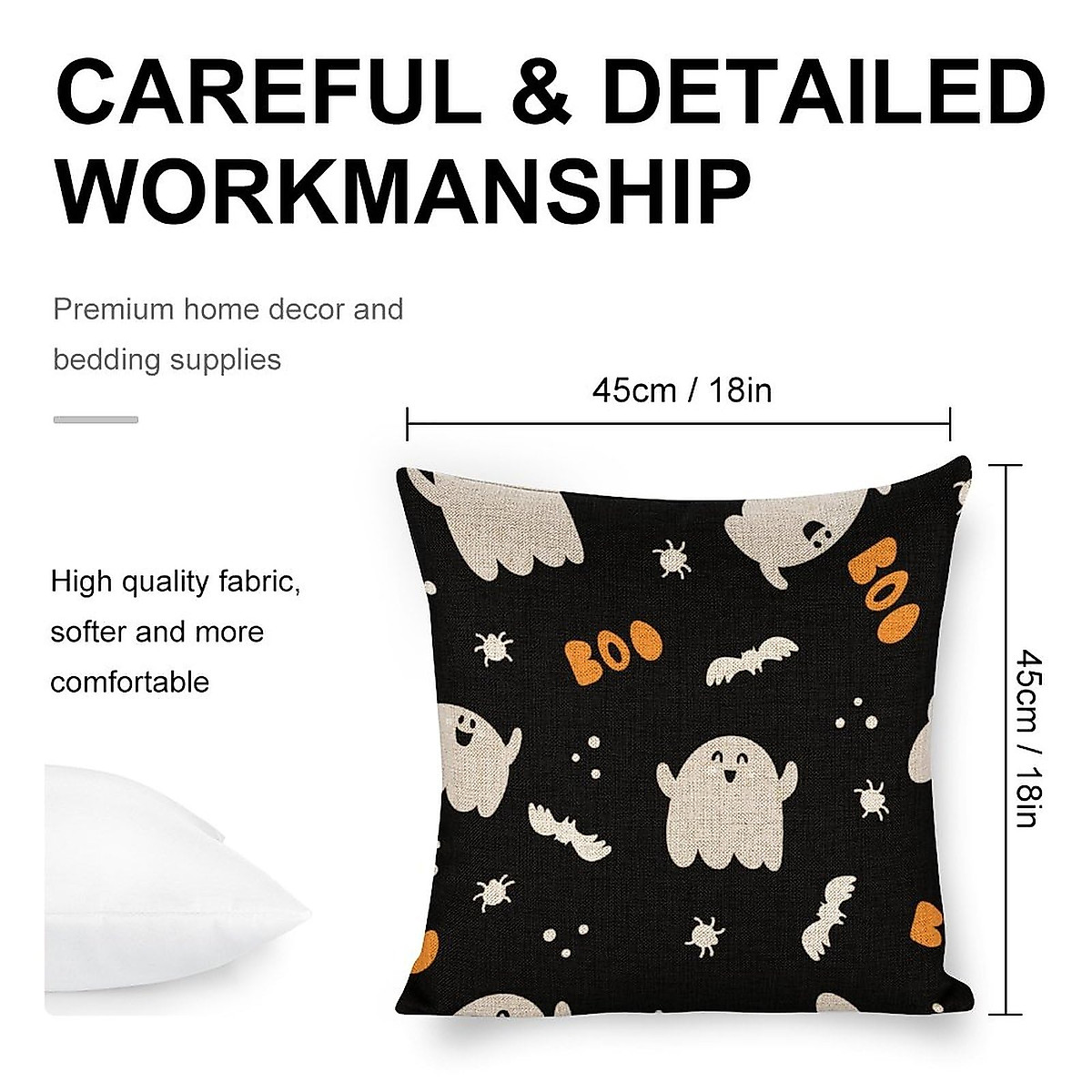 Halloween Cartoon Ghost Bats Throw Pillow Covers 18×18 Pillowcases Set of 2 Spider Boo Linen Decorative Square Pillow Case Cushion Covers Standard Size for Sofa Couch Outdoor Bed Pillow Protectors