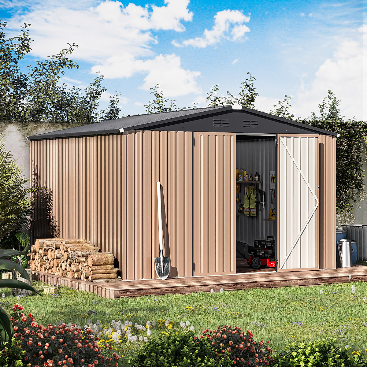 AECOJOY 9' x 10' Metal Storage Large Shed, Sheds & Outdoor Storage Clearance 9ft Sheds with Lockable Doors, Utility and Tool Storage Shed for Garden, Backyard, Patio, Outside use in Grey