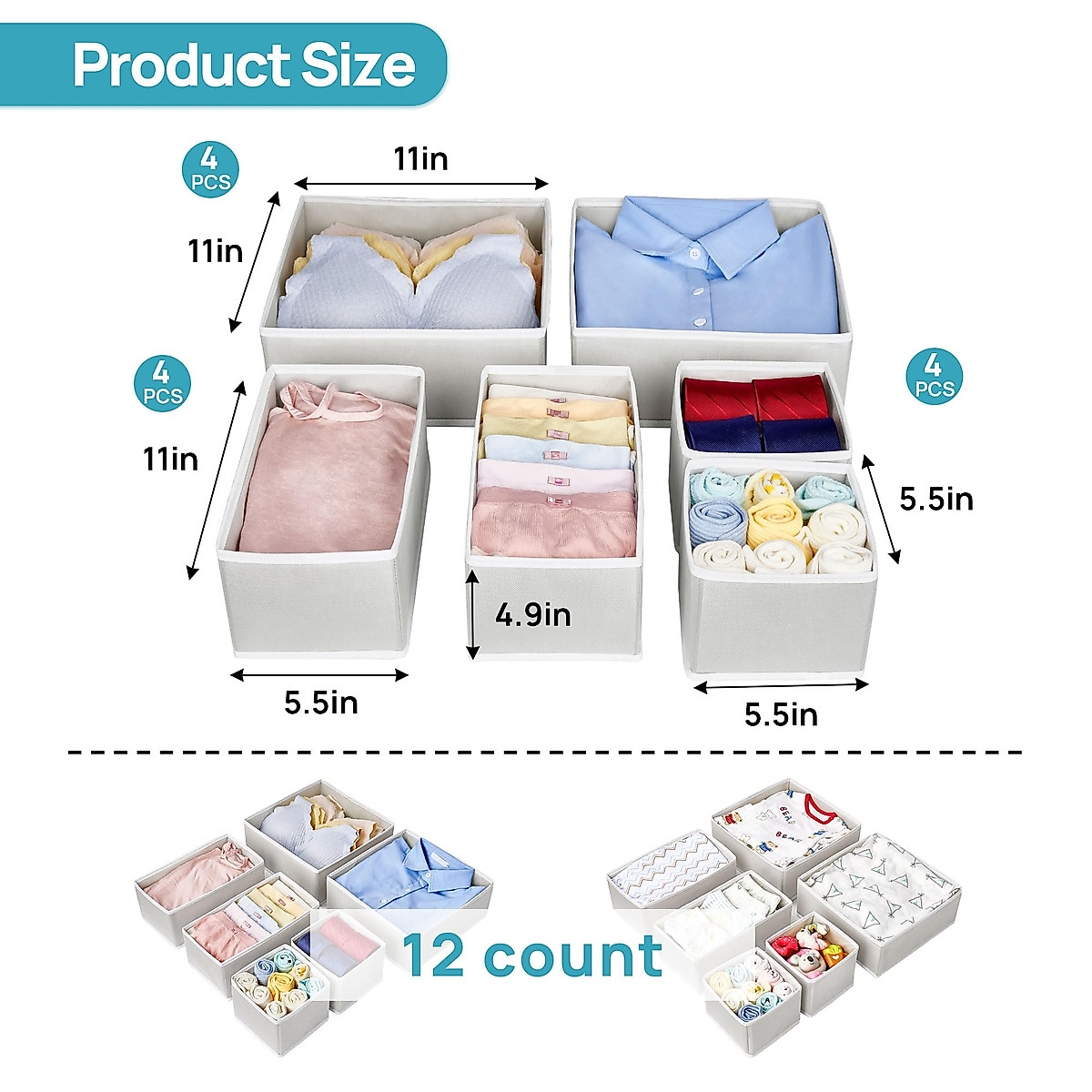 Vtopmart 12Pack Drawer Organizer for Clothes, Underwear Drawer Organizer Bins, Foldable Fabric Closet Storage Organizers, Dresser Drawer Dividers for Baby Clothing, Bra, Socks, Ties, Scarf
