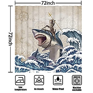 LEITINGYA Funny Cat Shower Curtain, Cool Cat Riding Shark Shower Curtain, Japanese Ocean Wave Nautical Anchor Shower Curtains for Bathroom, Waterproof Shower Curtain Set 12 Hooks Included -72x72 Inch