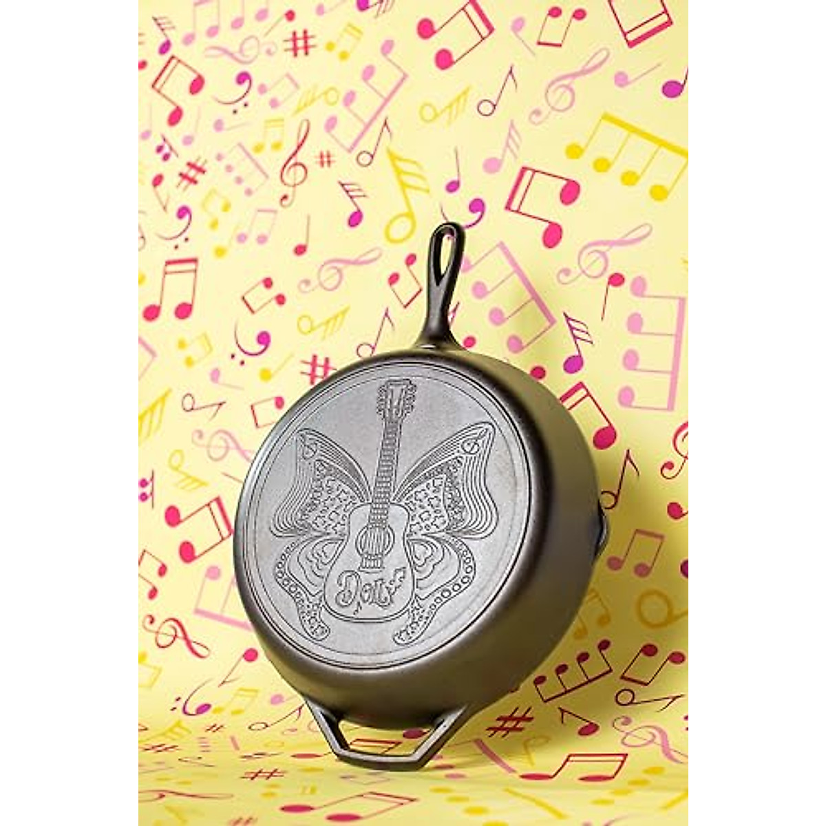 Lodge 12 Inch Dolly Parton Pre-Seasoned Cast Iron Stamped Skillet - Signature Teardrop Handle - Use in the Oven, on the Stove, on the Grill, or Over a Campfire, Black