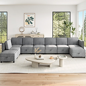GAOMON 139.4" Chenille Reversible Sectional Sofa, 9-Seater Modular Sectional Sofa, Comfy Sectional Sleeper Sofa Couch with Chaise, U-Shape Modular Couch with Storage Seats & Ottomans, Grey