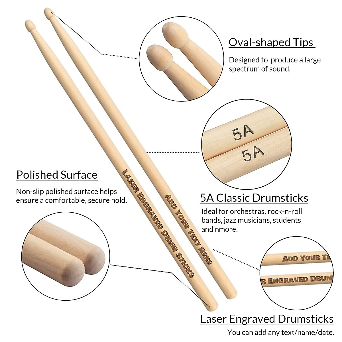 Personalized Drumsticks, Custom Engraved 5A Maple Drum Sticks with Name Text, Gifts for Drummer Musician Men Boyfriend Husband - 1 PAIR