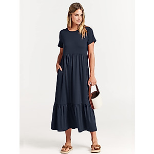 ANRABESS Women Summer Casual Short Sleeve Crewneck Aline Swing Flowy Tiered Shirt Maxi Beach Long Dress 2025 Trendy Outfits X-Large Navy Blue