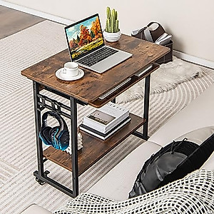 Tangkula Rolling Computer Desk Cart with Keyboard Tray, Mobile Portable Laptop PC Desk with CPU Stand & 3 Hooks for Sofa & Bed, Industrial Small Desk on Wheels for Small Spaces, Home Office Desk