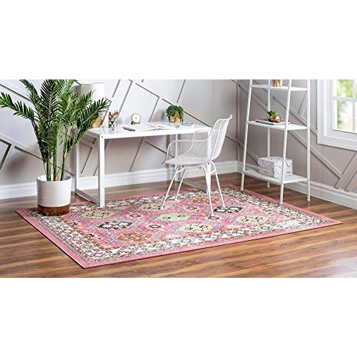 Unique Loom Aarhus Collection Geometric Border Rug_AAR004, 6 x 9 Feet, Rose/Ivory