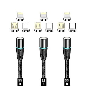 NetDot Magnetic Charging Cable,3in1 Gen12 (3.3ft/3 Pack Black) 18W Fast Charging Magnetic Phone Charger and Data Transfer Magnetic Charger for USB-C,Micro USB and i-Product