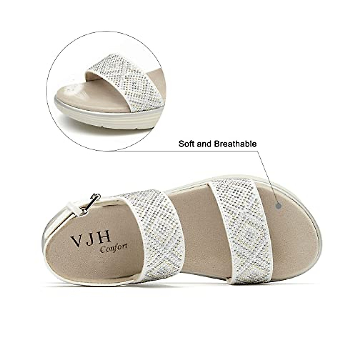 VJH confort Women’s Flat Sandals, Comfort LightWeight Open Toe Elastic Sequins Straps Casual Walking Shoes for Summer(white,9)
