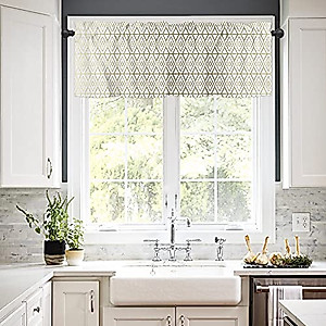 Amaze-Home Curtain Valances for Windows, White Gold Line Window Valances, Geometric Window Treatment Rod Pocket Valance Curtains for Kitchen/Bedroom/Bathroom 42x12 inch, 1 Panel