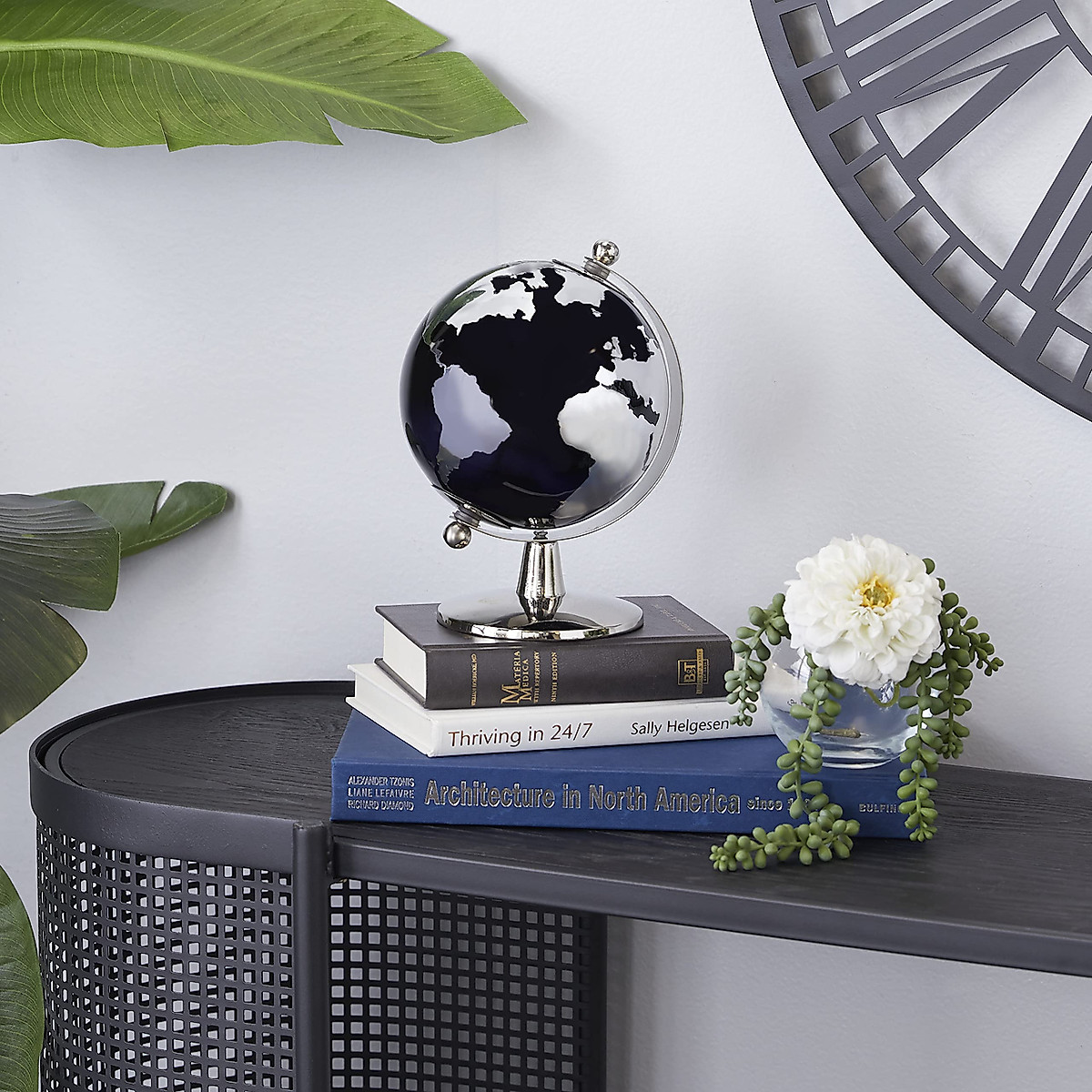 Deco 79 Stainless Steel Metal Globe with Silver Accents, 6" x 6" x 8", Black