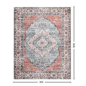 MTOUOCK Washable 8x10 Area Rugs, Non Slip Boho Area Rug Washable, Vintage Distressed Area Rugs 8 x 10 Area Rugs Indoor for Living Room Bedroom (8'x10', Brick/Rust/Red)
