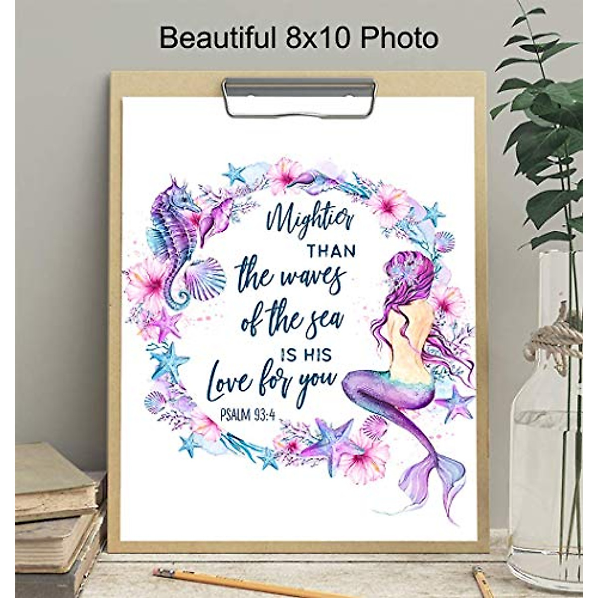 Mermaid Seahorse Seashells Wall Art - Inspirational Bible Verse Religious Quote - Christian Scripture Room Decor for Bathroom, Bedroom - Nautical Ocean Beach House Poster - Mightier Than the Waves