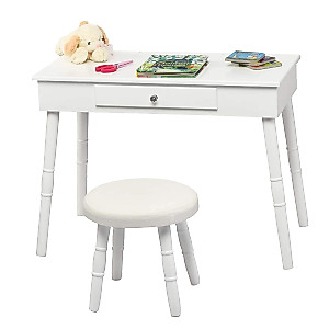 MAT EXPERT Kids Vanity Table Set, Child Pretend Play Makeup Table w/Stool & Crown Mirror, Princess Beauty Play Dressing Table Set w/Drawer, Makeup Table and Stool Set w/Real Mirror for Girls (White)