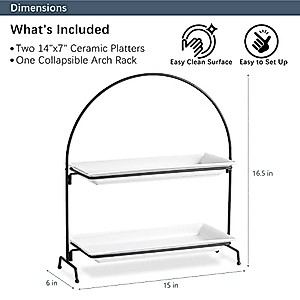 ONEMORE 2-Tier Large Serving Tray, Collapsible Arch Food Display Two Tiered Tray Stand with Rectangular Ceramic Platters Perfect for Parties and Entertaining - Bright White