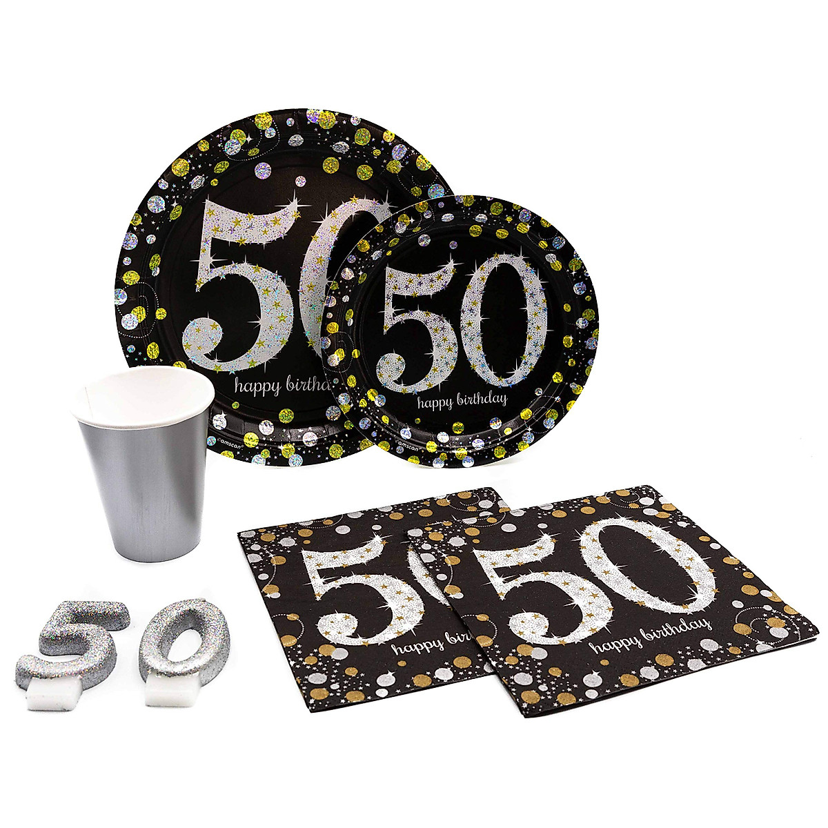 Stephanie Imports 50th Birthday Pack! Disposable Paper Plates, Napkins, Cups & Candles Set for 15 (With free extras)