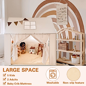 Kids Tent with Mat, Lights and Flags, Play Tent Indoor, Playhouse for Kids Outdoor, Kids Play Tent with Windows and Roll Up Door, 52" x35" x 52", Baby Play Tent for Both Boys and Girls