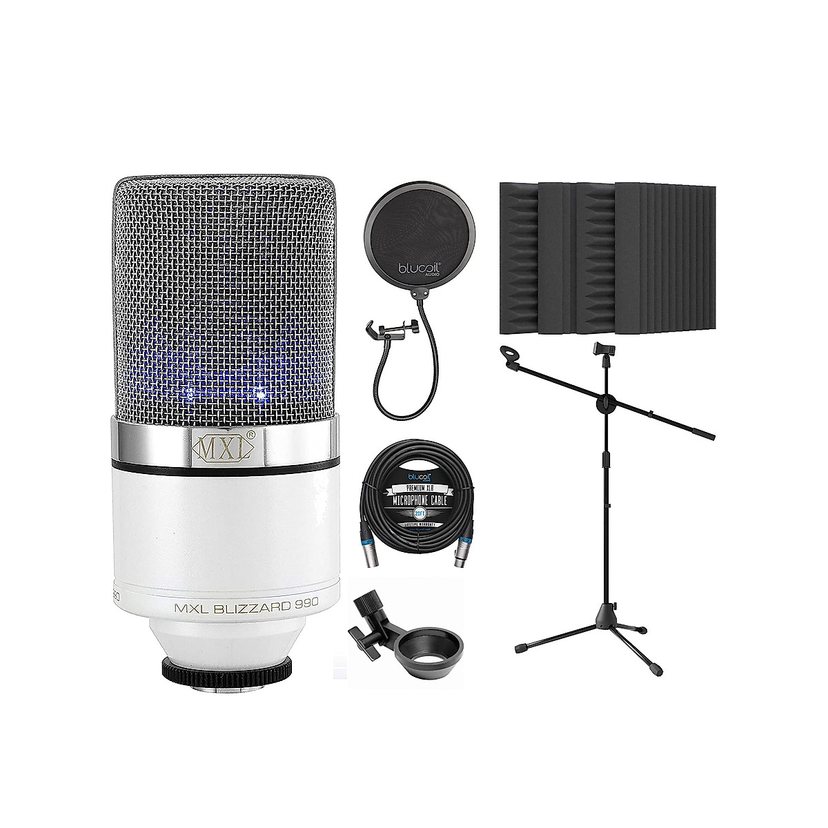 MXL 990 Blizzard Cardioid Condenser Microphone for Vocals and Guitars Bundle with Blucoil 20-FT Balanced XLR Cable, Pop Filter, Adjustable Microphone Tripod Stand, and 4X 12 Acoustic Wedges