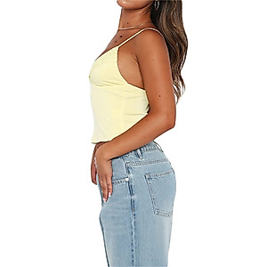 Women Sexy Low Cut Tank Top Ruched Bandage Camisloe Side Split Mini Y2k Tops Cropped Bustier Vest Going Out Yellow