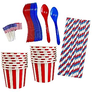 Outside the Box Papers Patriotic Ice Cream Sundae Kit - July Red and White Stripe Paper Treat Cups - Plastic Spoons - American Flag Picks - Paper Straws - 16 Each