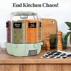 Rice Dispenser 25 Pounds, Kitchen Storage with Chalk Labels and Measuring Cup, Grain Dispenser, 6 Compartment Rice Storage Container, Rotating Food Dispenser for Sunflower Seeds, Popcorn Kernels