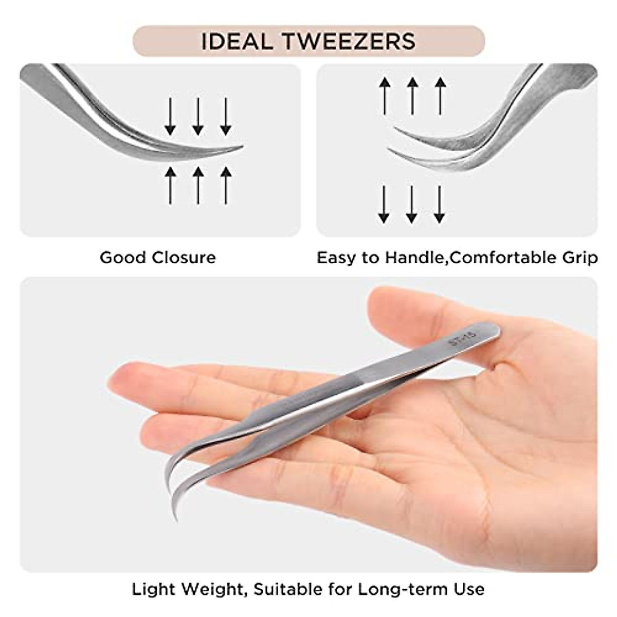 BEYELIAN Eyelash Extension Tweezers, Professional Lash Tweezers for Make Fans Volume Lashes, Curved Tip Stainless Steel Tweezers ST-15