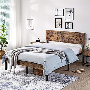 Yaheetech Metal Platform Bed Frame Full with Wood Headboard and Iron Slats, Rustic Country Bed Base with Mattress Foundation/Strong Slats Support/12 Inch Underbed Storage/No Box Spring Needed, Brown