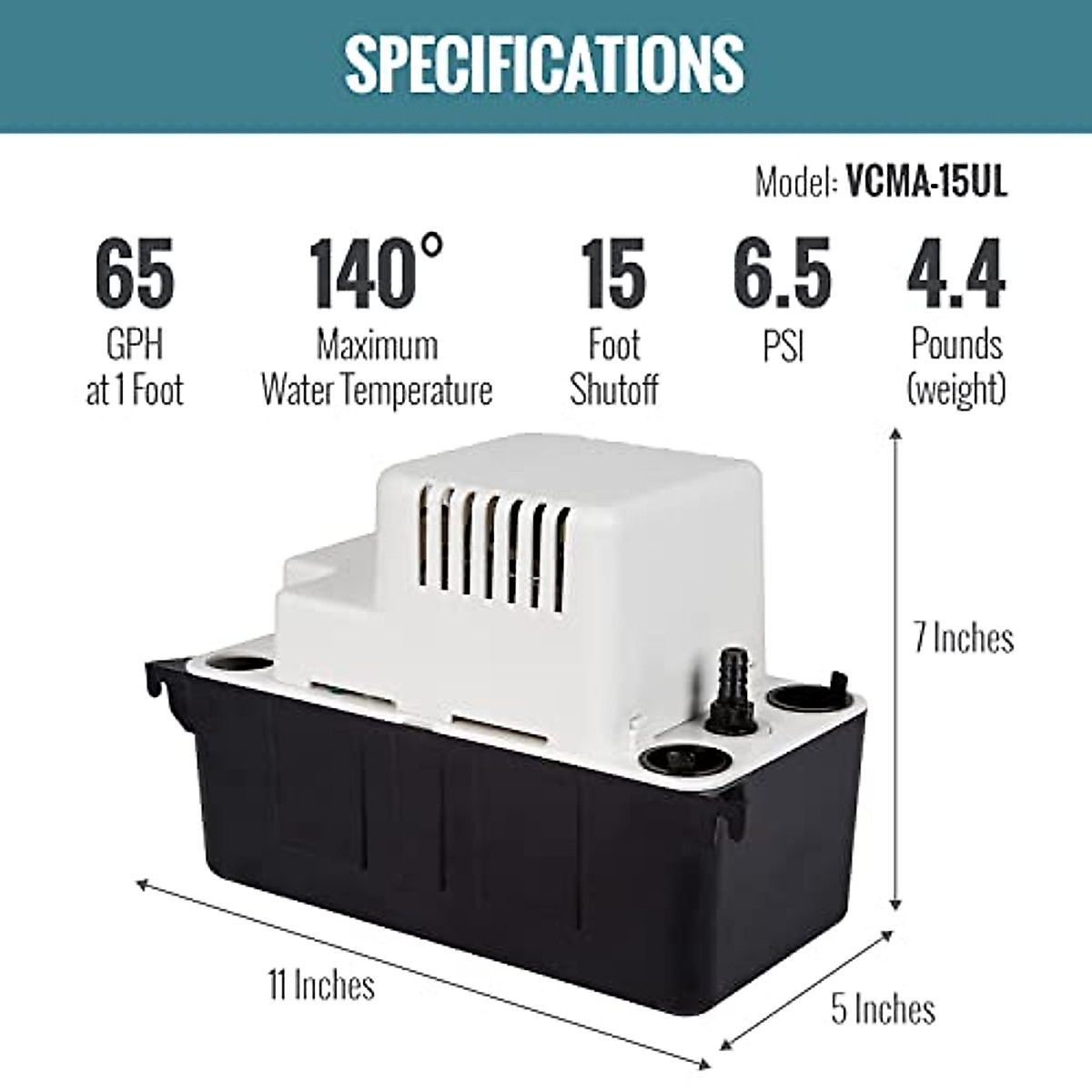 Little Giant VCMA-15UL 115 Volt, 65 GPH, 1/50 HP Automatic Condensate Removal Pump (no safety switch), Black/White, 554401